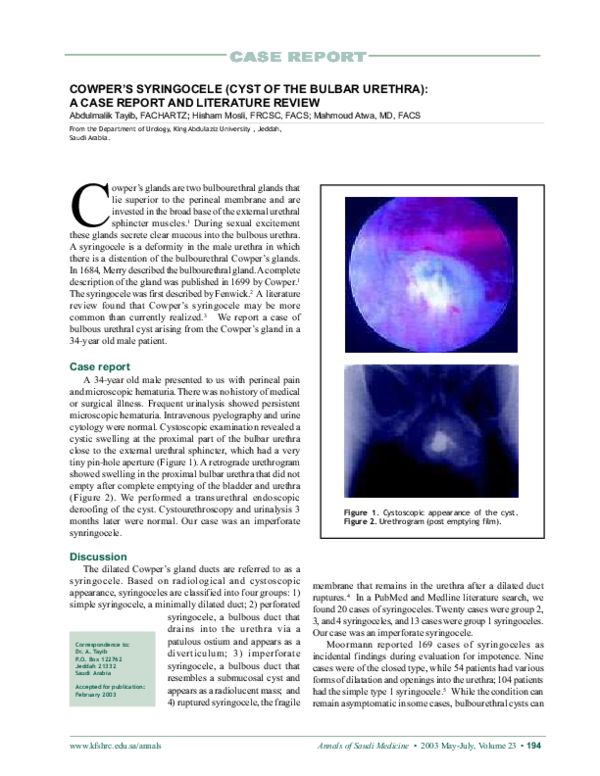 (PDF) Cowper's syringocele (cyst of the bulbar urethra): a case report ...