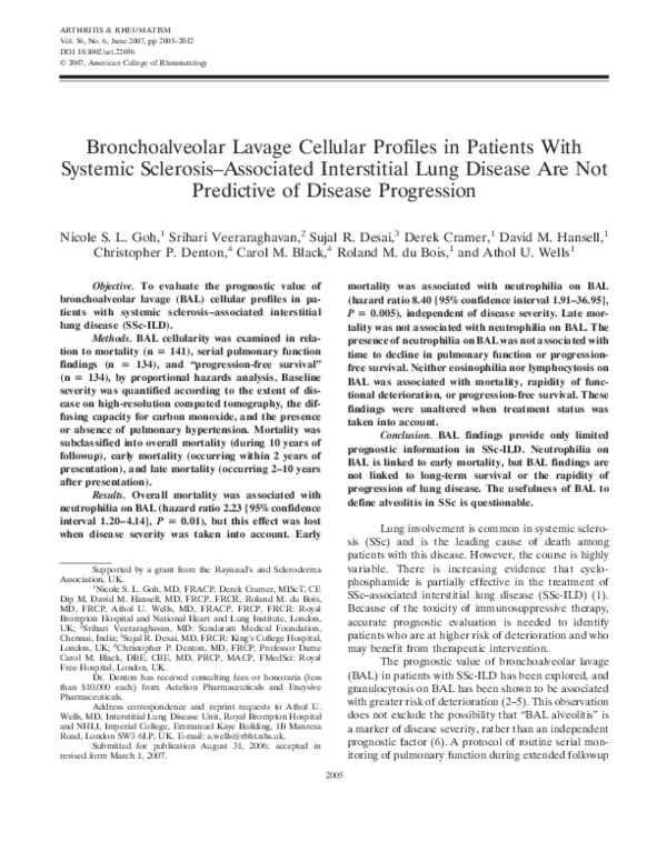 (PDF) Bronchoalveolar lavage cellular profiles in patients with systemic sclerosis–associated ...
