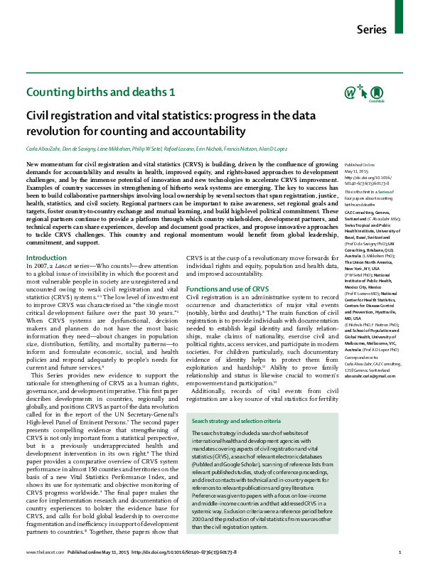 (PDF) Civil registration and vital statistics: progress in the data ...