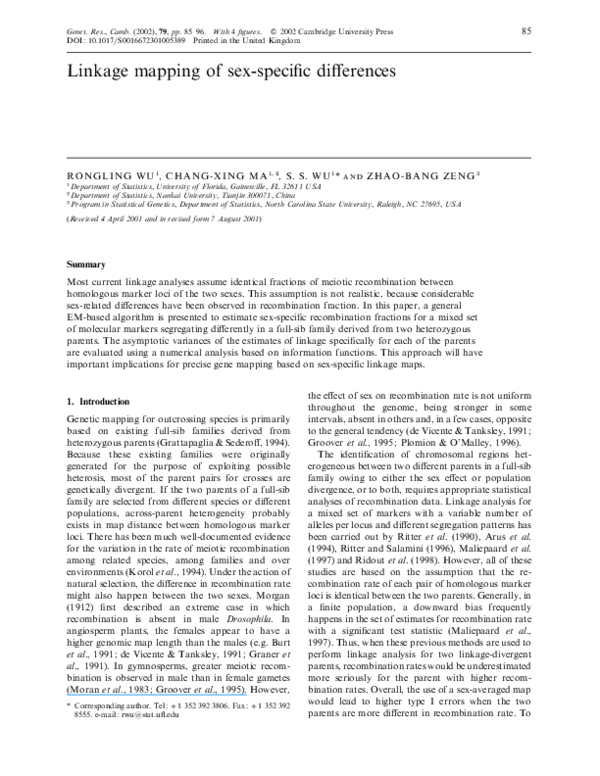 Pdf Linkage Mapping Of Sex Specific Differences Rongling Wu