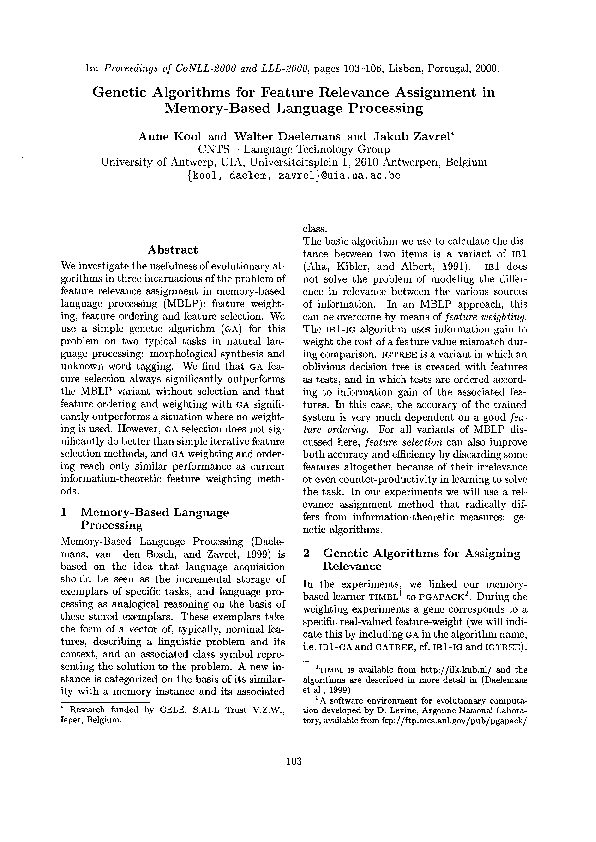 (PDF) Genetic algorithms for feature relevance assignment in memory-based language processing
