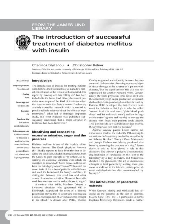 (PDF) The introduction of successful treatment of diabetes mellitus ...