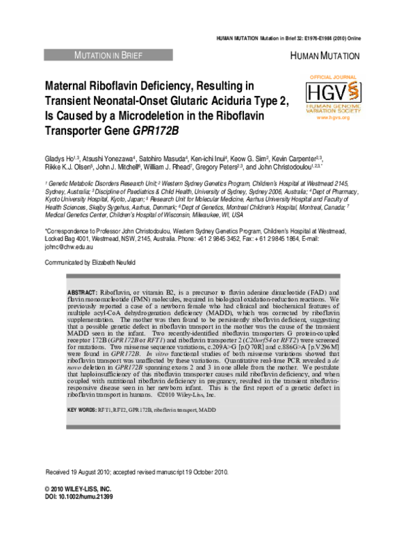 (PDF) Maternal riboflavin deficiency, resulting in transient neonatal ...
