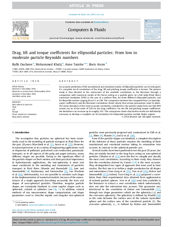 Pdf Drag Lift And Torque Coefficients For Ellipsoidal Particles