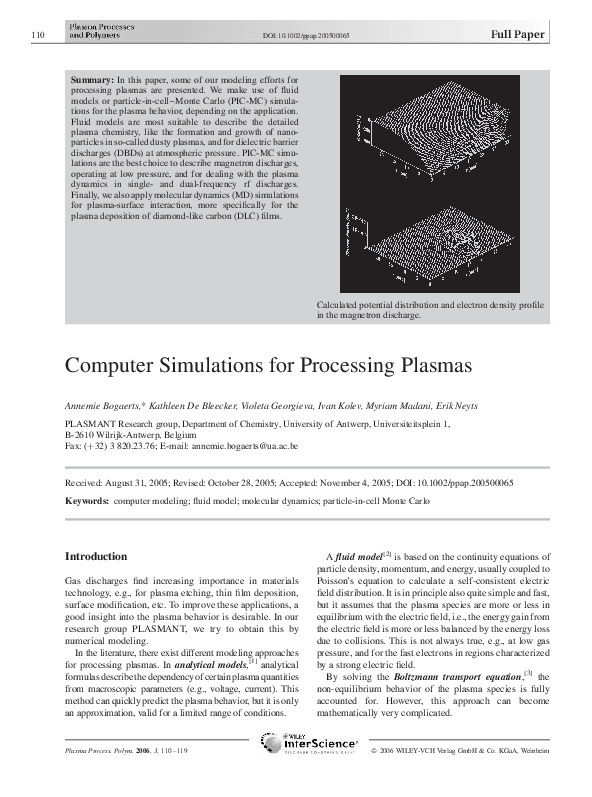(PDF) Computer Simulations for Processing Plasmas