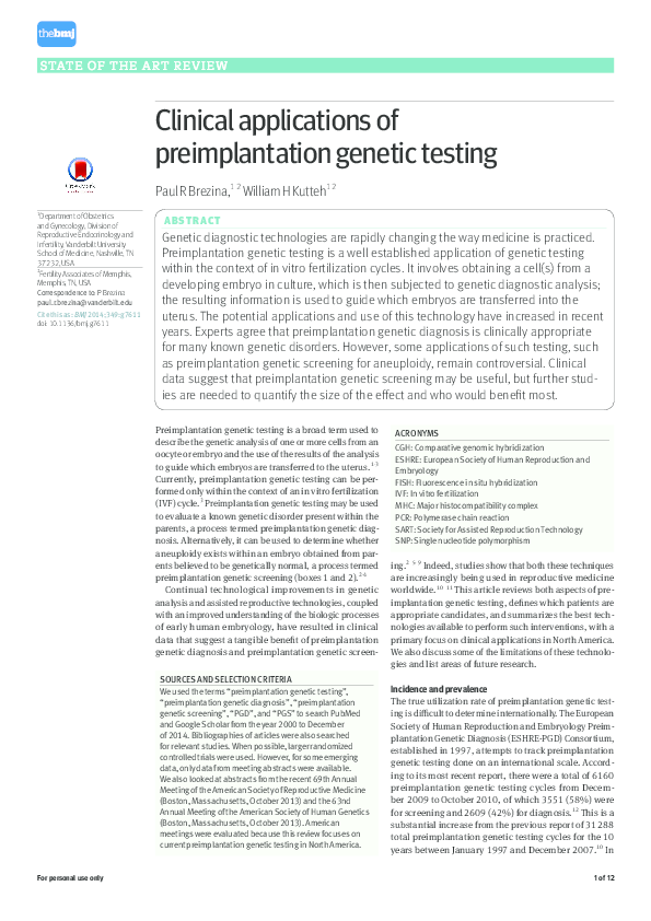(PDF) Clinical applications of preimplantation genetic testing