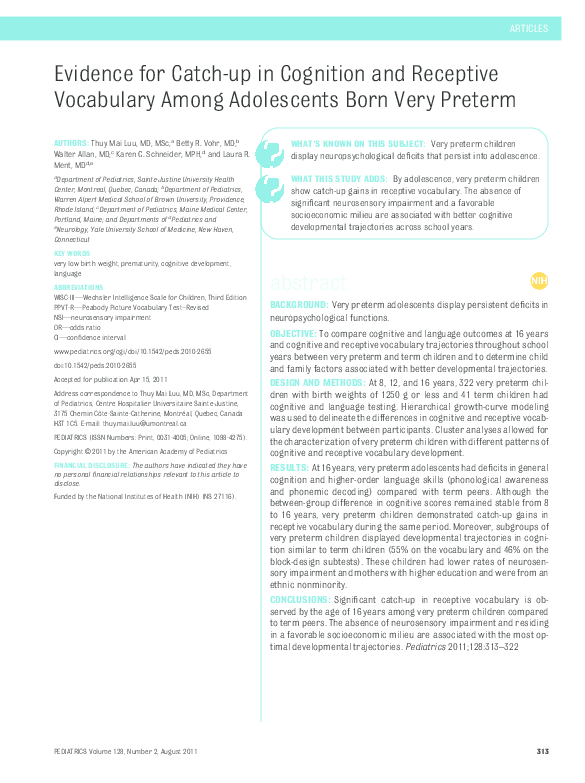 (PDF) Cognition Catch-up in Very Preterm Adolescents