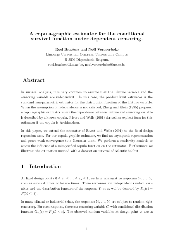 Pdf A Copula Graphic Estimator For The Conditional Survival Function Under Dependent Censoring