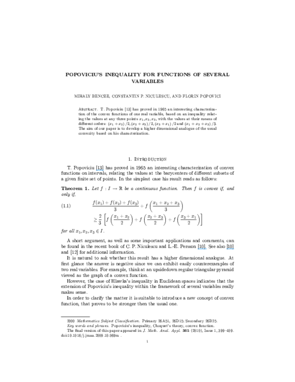 (PDF) Popoviciu's inequality for functions of several variables