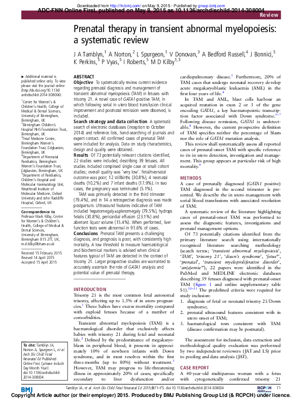 (PDF) Prenatal therapy in transient abnormal myelopoiesis: a systematic ...