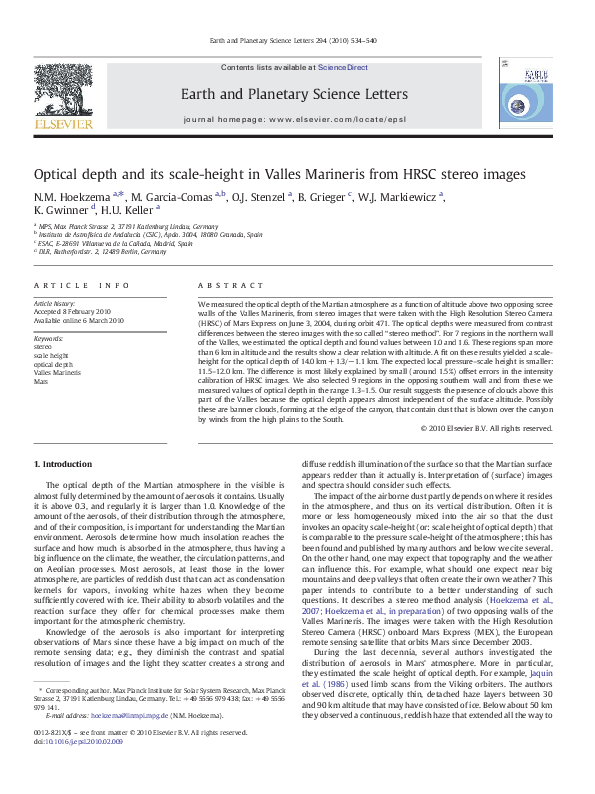 (PDF) Optical depth and its scale-height in Valles Marineris from HRSC ...