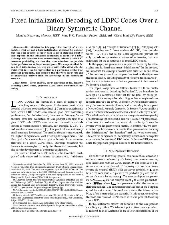 Pdf Fixed Initialization Decoding Of Ldpc Codes Over A Binary