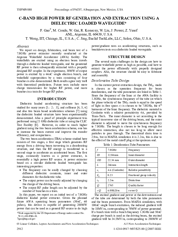 (PDF) C-Band high power rf generation and extraction using a dielectric loaded waveguide