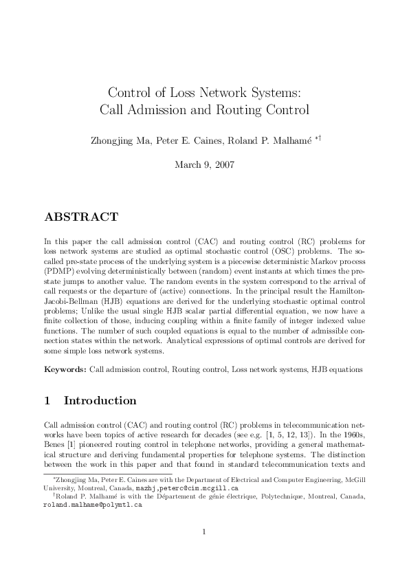 (PDF) Control of loss network systems: Call admission and routing control