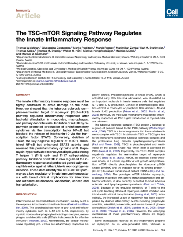 (PDF) The TSC-mTOR Signaling Pathway Regulates the Innate Inflammatory ...