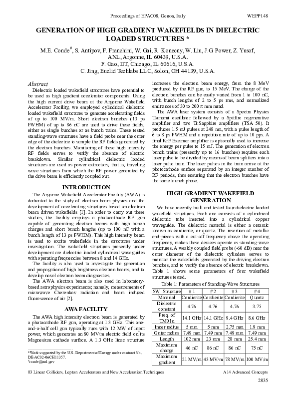 Pdf Generation Of High Gradient Wakefields In Dielectric Loaded Structures