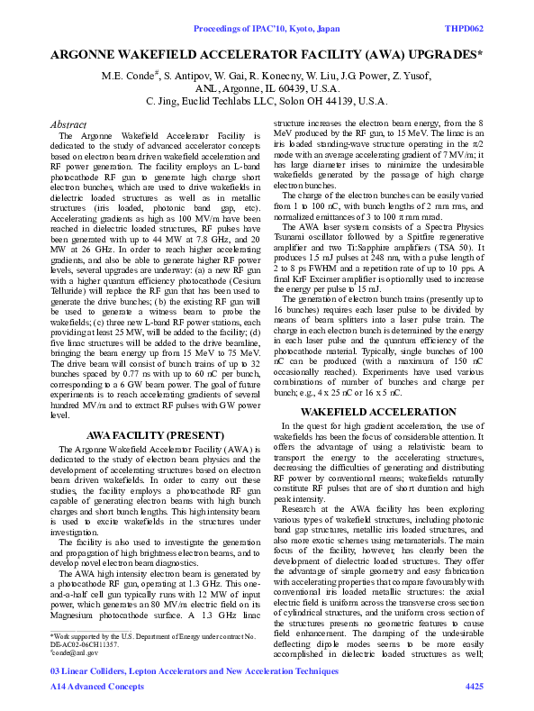 (PDF) ARGONNE WAKEFIELD ACCELERATOR FACILITY (AWA) UPGRADES