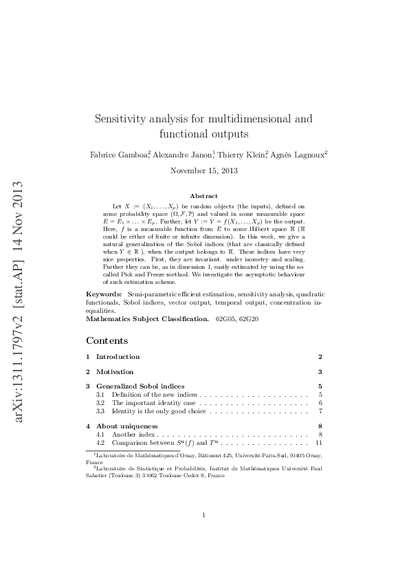 (PDF) Sensitivity analysis for multidimensional and functional outputs