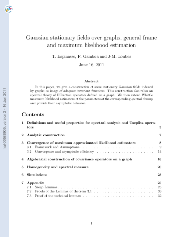 Pdf Gaussian Stationary Fields Over Graphs General Frame And Maximum Likelihood Estimation