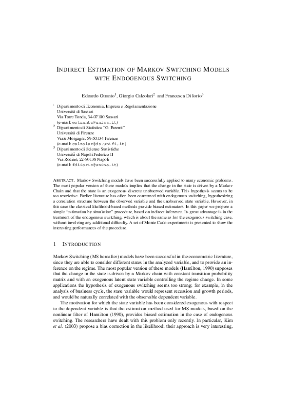 (PDF) Indirect estimation of Markov switching models with endogenous switching