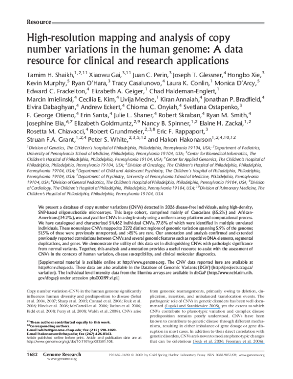 Pdf High Resolution Mapping And Analysis Of Copy Number Variations In The Human Genome A Data