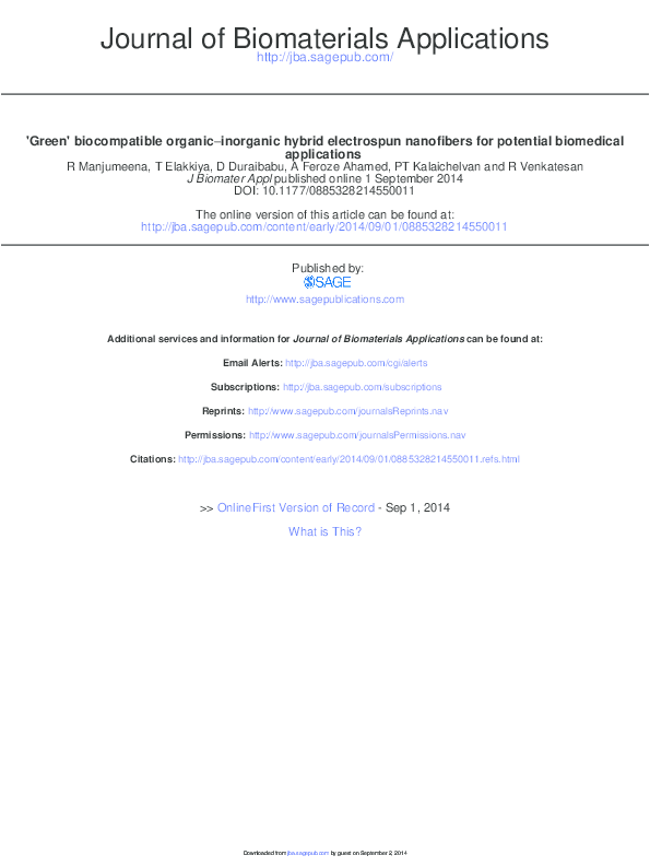 (PDF) Green' biocompatible organic-inorganic hybrid electrospun nanofibers for potential ...