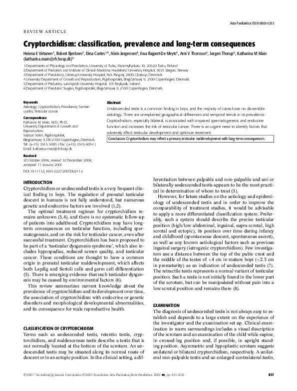 (PDF) Cryptorchidism: classification, prevalence and long-term consequences