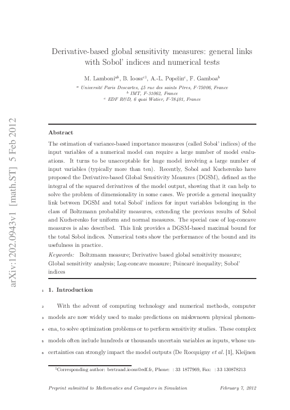(PDF) Derivative-based global sensitivity measures: General links with Sobol’ indices and ...