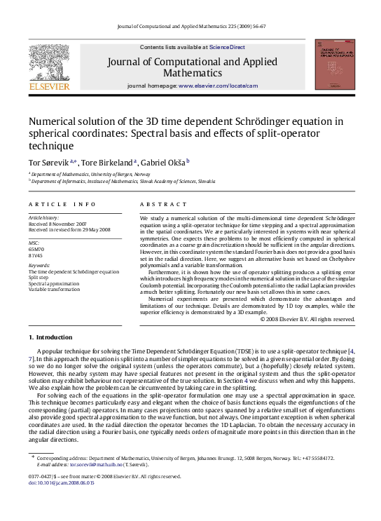 Pdf Numerical Solution Of The 3d Time Dependent Schrödinger Equation In Spherical Coordinates