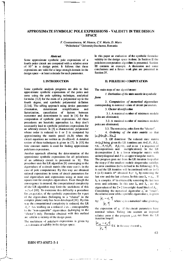 (PDF) APPROXIMATE SYMBOLIC POLE EXPRESSIONS-VALIDITY IN THE DESIGN SPACE