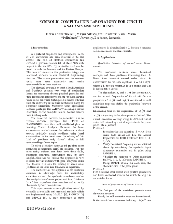 Pdf Symbolic Computation Laboratory For Circuit Analysis And Synthesis