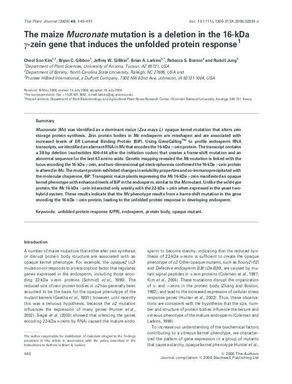(PDF) The maize Mucronate mutation is a deletion in the 16-kDa γ -zein ...