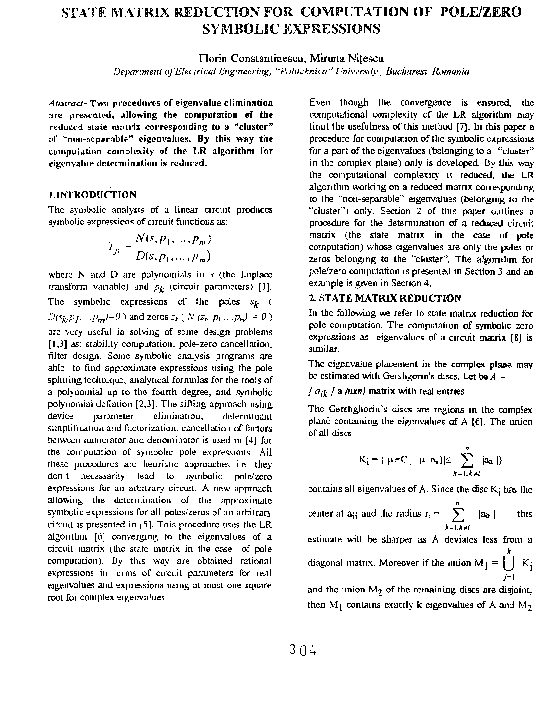 Pdf State Matrix Reduction For Computation Of Polezero Symbolic Expressions