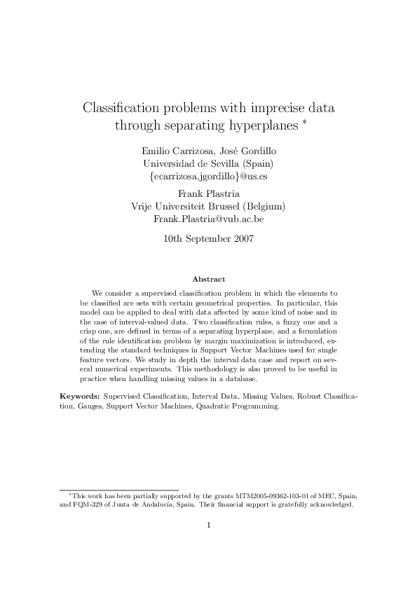 (PDF) Classification problems with imprecise data through separating hyperplanes