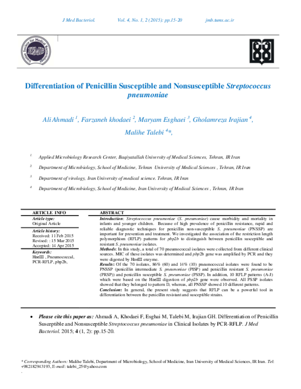 (PDF) Differentiation of Penicillin Susceptible and Nonsusceptible ...