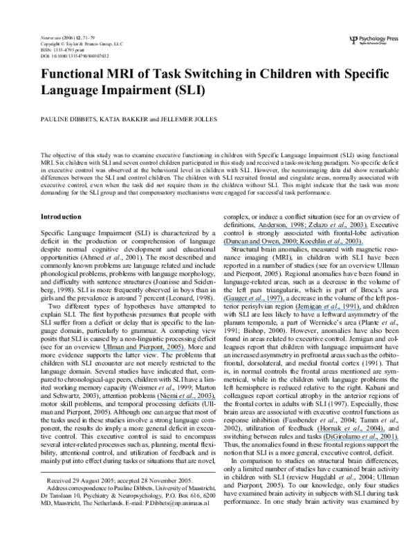 (PDF) Functional MRI of Task Switching in Children with Specific Language Impairment (SLI ...
