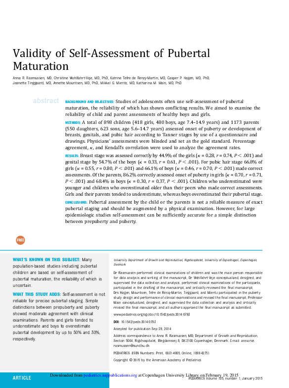 (PDF) Validity of Self-Assessment of Pubertal Maturation
