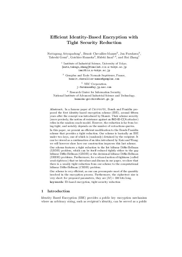 Pdf Efficient Identity Based Encryption With Tight Security Reduction