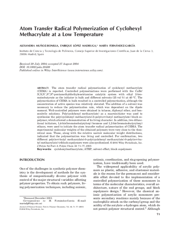 (PDF) Atom transfer radical polymerization of cyclohexyl methacrylate ...