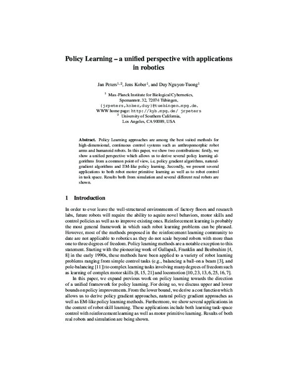 (PDF) Policy Learning: A Unified Perspective with Applications in Robotics