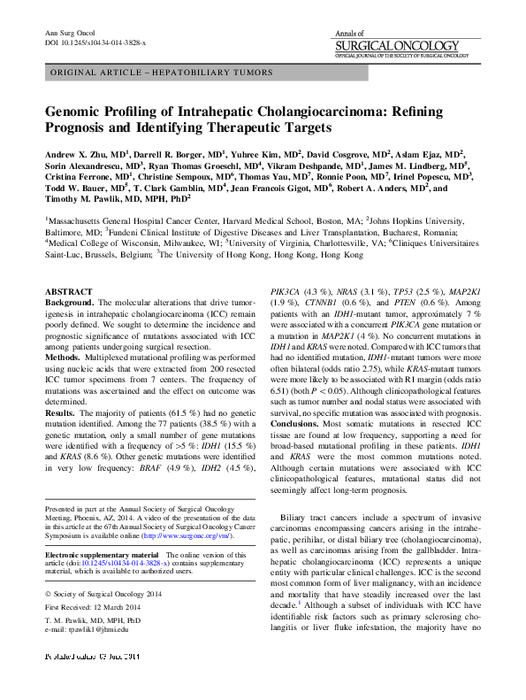 (PDF) Genomic Profiling of Intrahepatic Cholangiocarcinoma: Refining Prognosis and Identifying ...