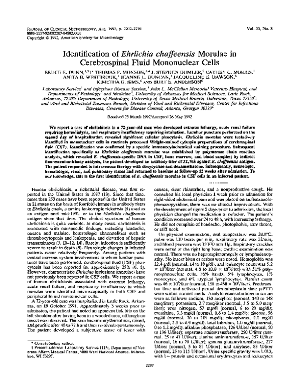(PDF) Identification of Ehrlichia chaffeensis morulae in cerebrospinal ...