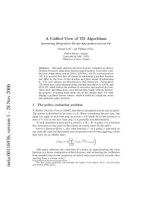 Pdf A Unified View Of Td Algorithms Introducing Full Gradient Td And 