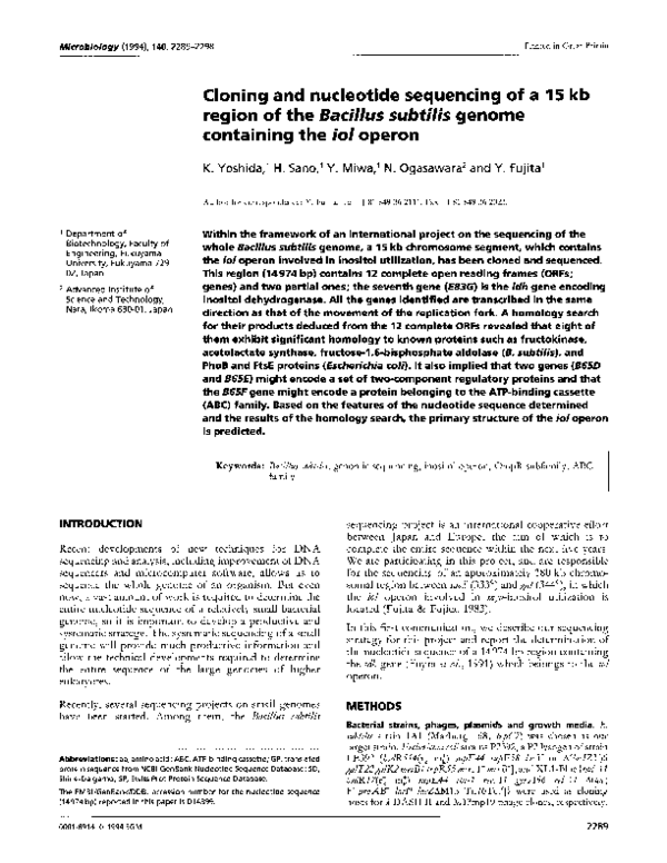 (PDF) Cloning and nucleotide sequencing of a 15 kb region of the Bacillus subtilis genome ...