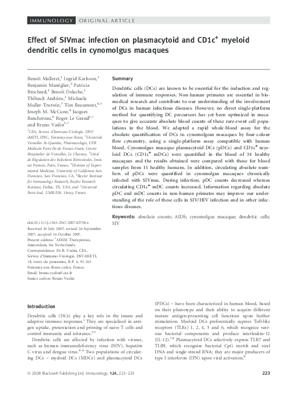 (PDF) Effect of SIVmac infection on plasmacytoid and CD1c + myeloid ...