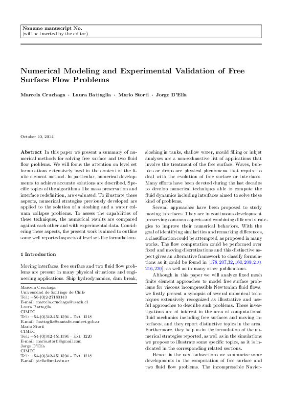 Pdf Numerical Modeling And Experimental Validation Of Free Surface
