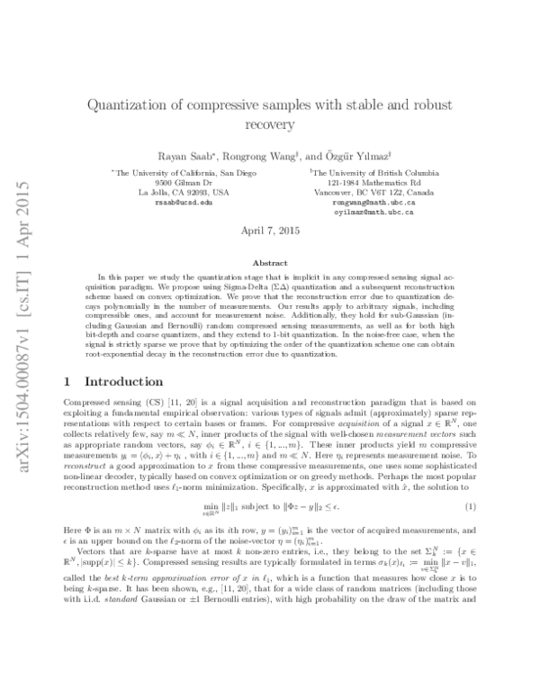 (PDF) Quantization of compressive samples with stable and robust recovery
