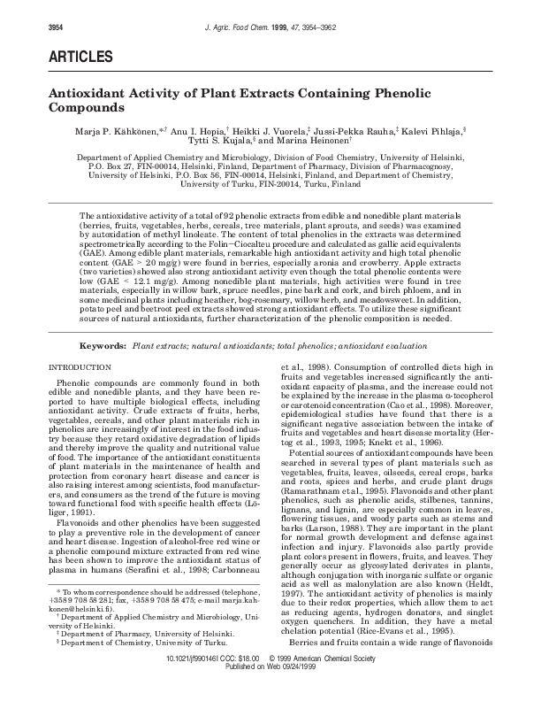 (PDF) Antioxidant Activity of Plant Extracts Containing Phenolic Compounds