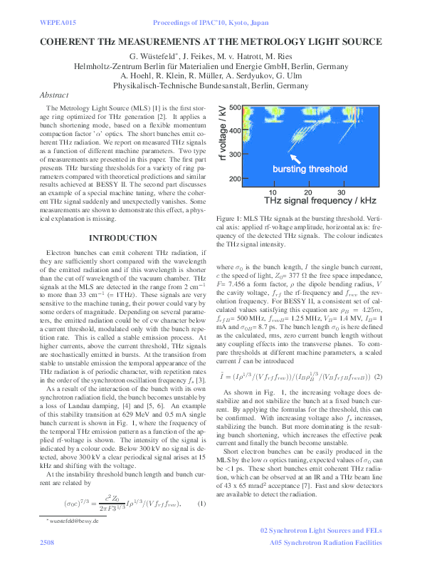 (PDF) Coherent THz Measurements at the Metrology Light Source