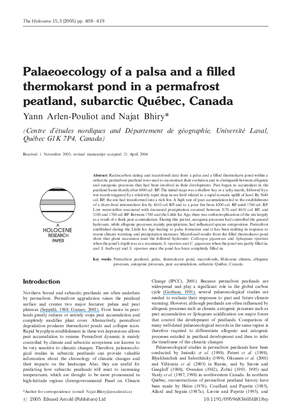(PDF) Palaeoecology of a palsa and a filled thermokarst pond in a ...